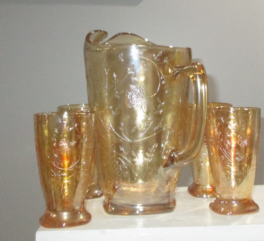 Vintage Jeanette Glass Floragold Lusterware Pitcher and 4 Footed ...