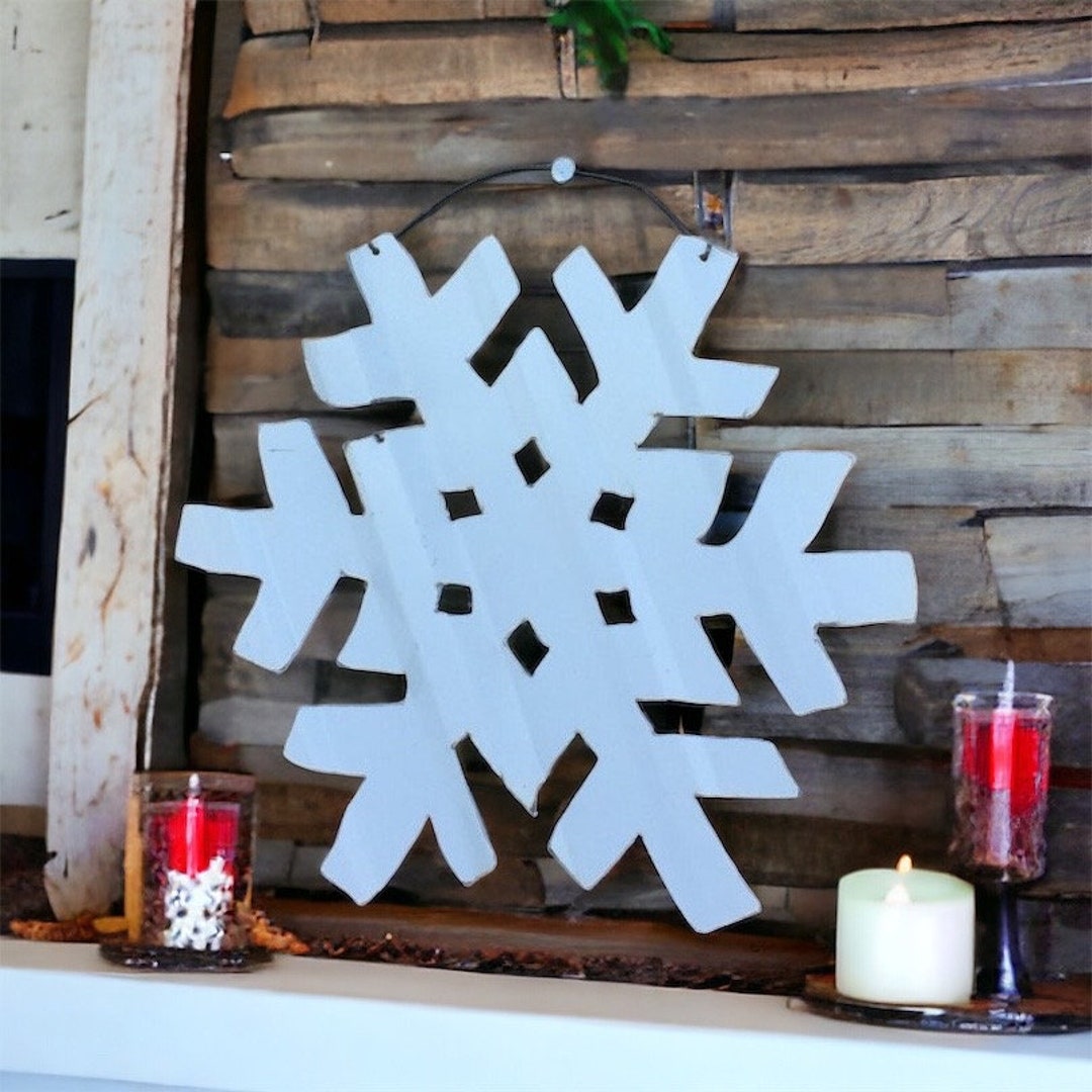 13" White Tin Snowflake, Hand Cut Tin Snowflake, Rustic Christmas Decor ...