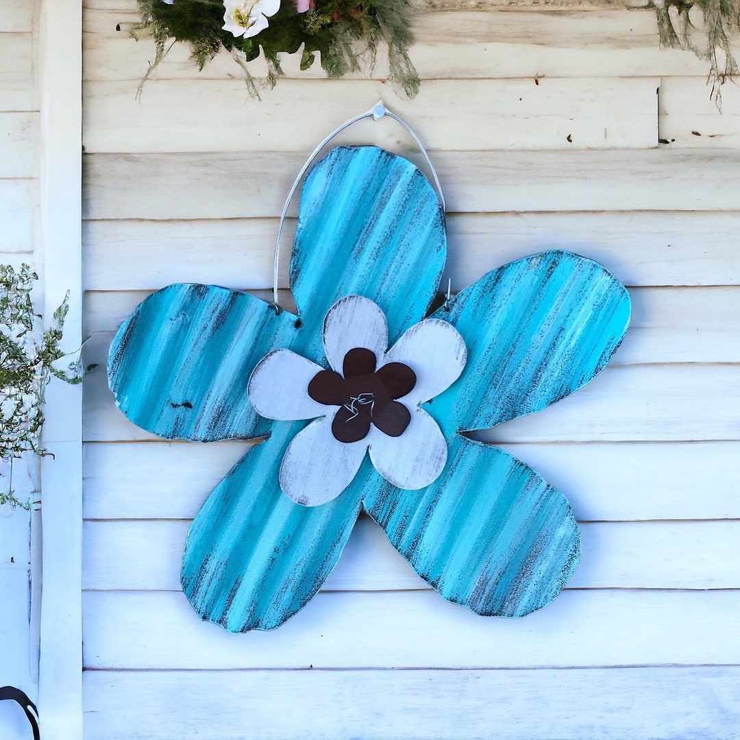 Light Turquoise Corrugated Tin Flower / Rustic Tin Flower / Tin Garden ...