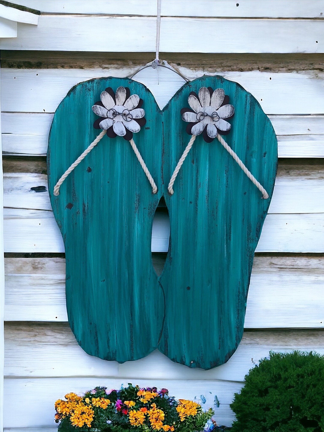 Turquoise Corrugated Tin Flip Flops / Flip Flop Summer Decor / Metal ...