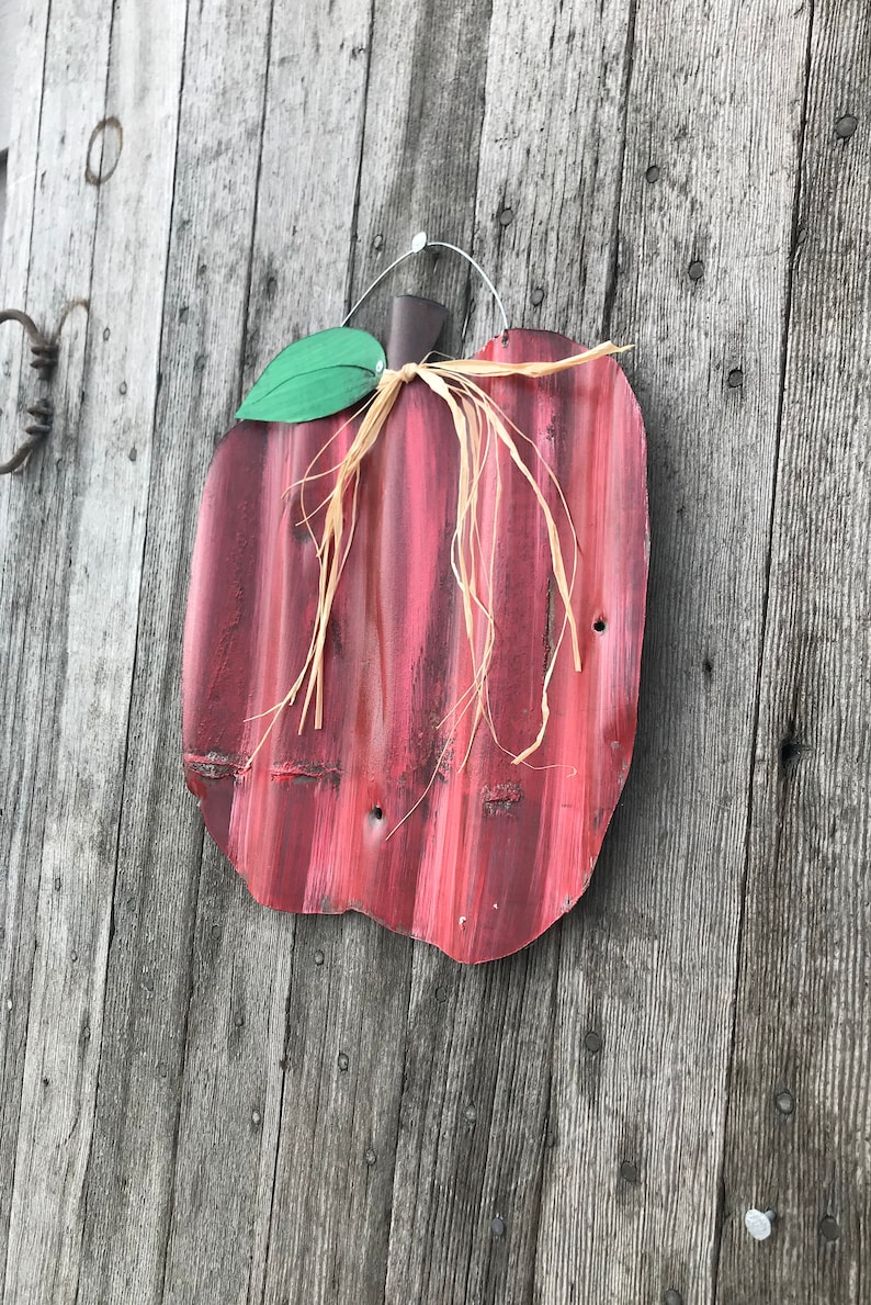 Tin apple / hand painted tin apple / corrugated tin apple / | Etsy