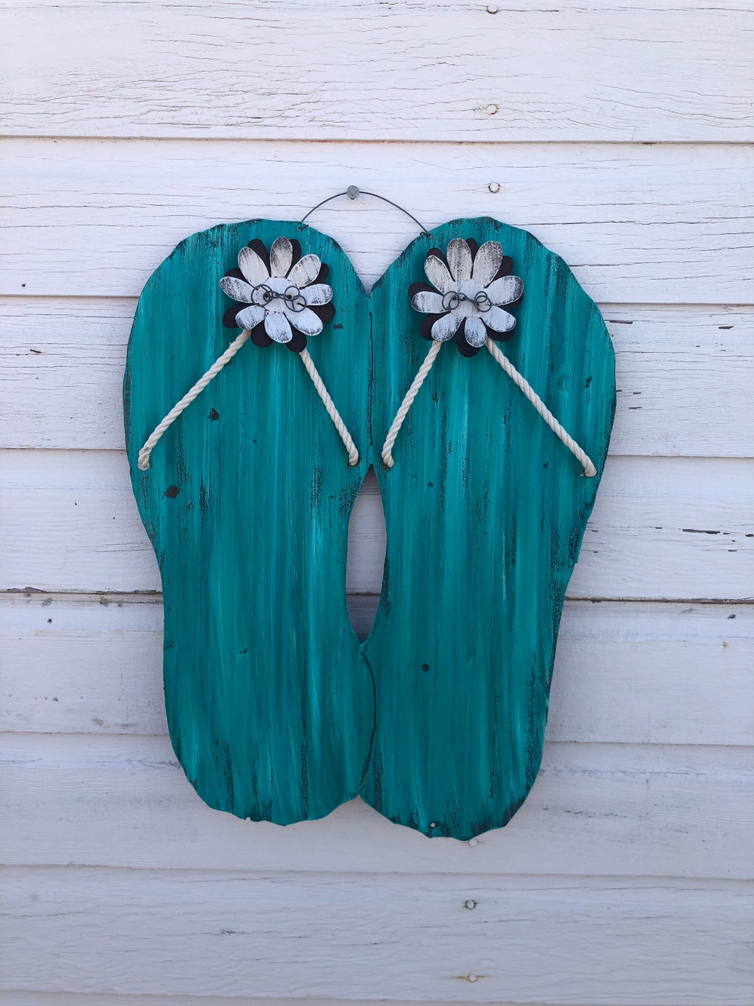 Turquoise Corrugated Tin Flip Flops / Flip Flop Summer Decor / Metal ...