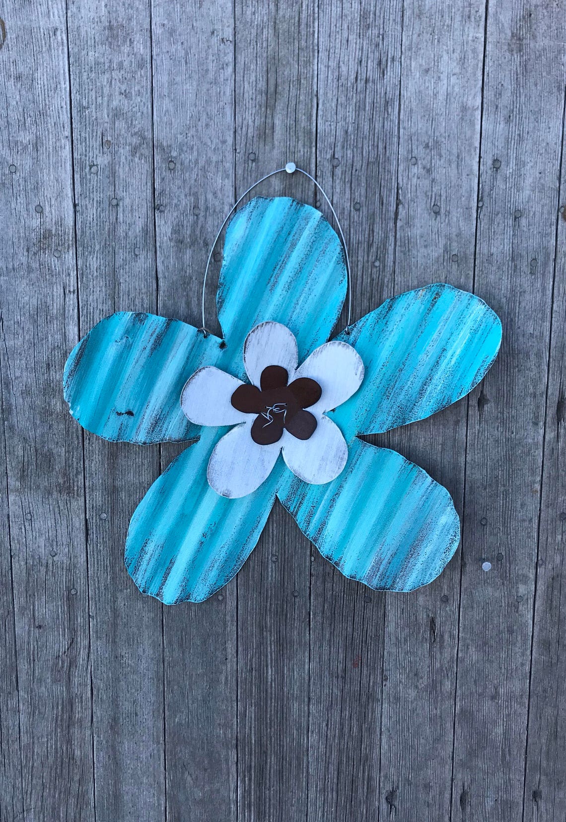 Light Turquoise Corrugated Tin Flower / Rustic Tin Flower / | Etsy