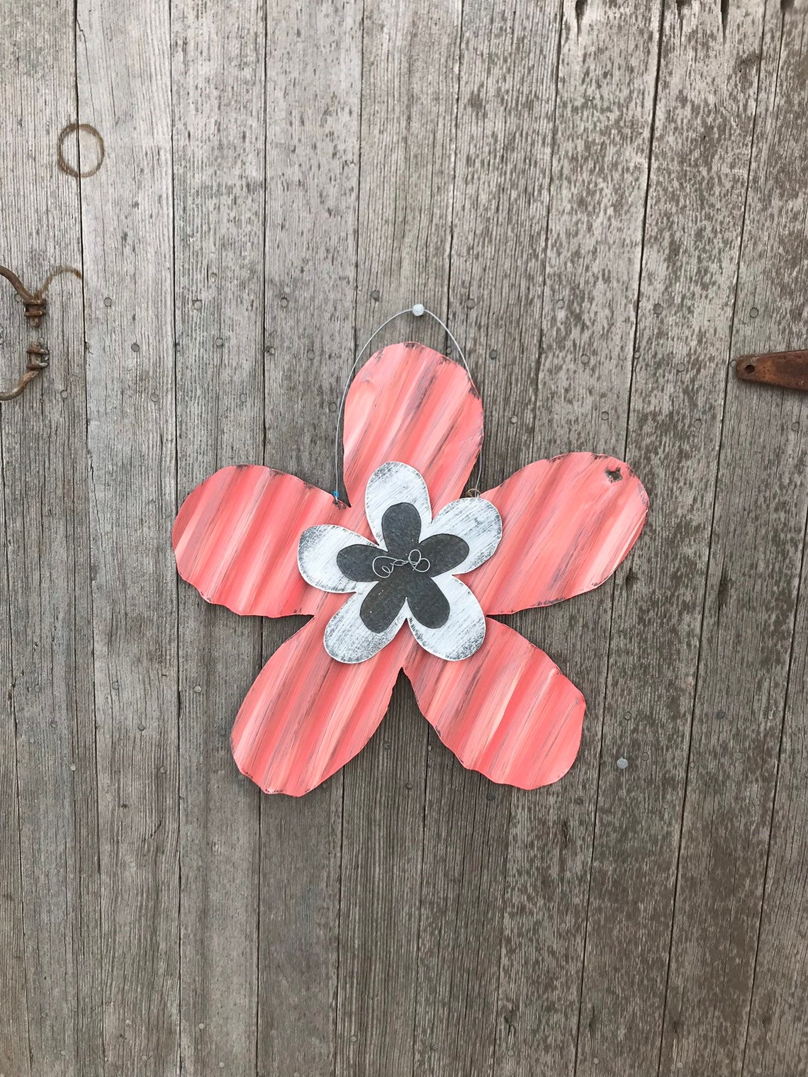Coral Corrugated Tin Flower / Rustic Tin Flower / Tin Garden - Etsy