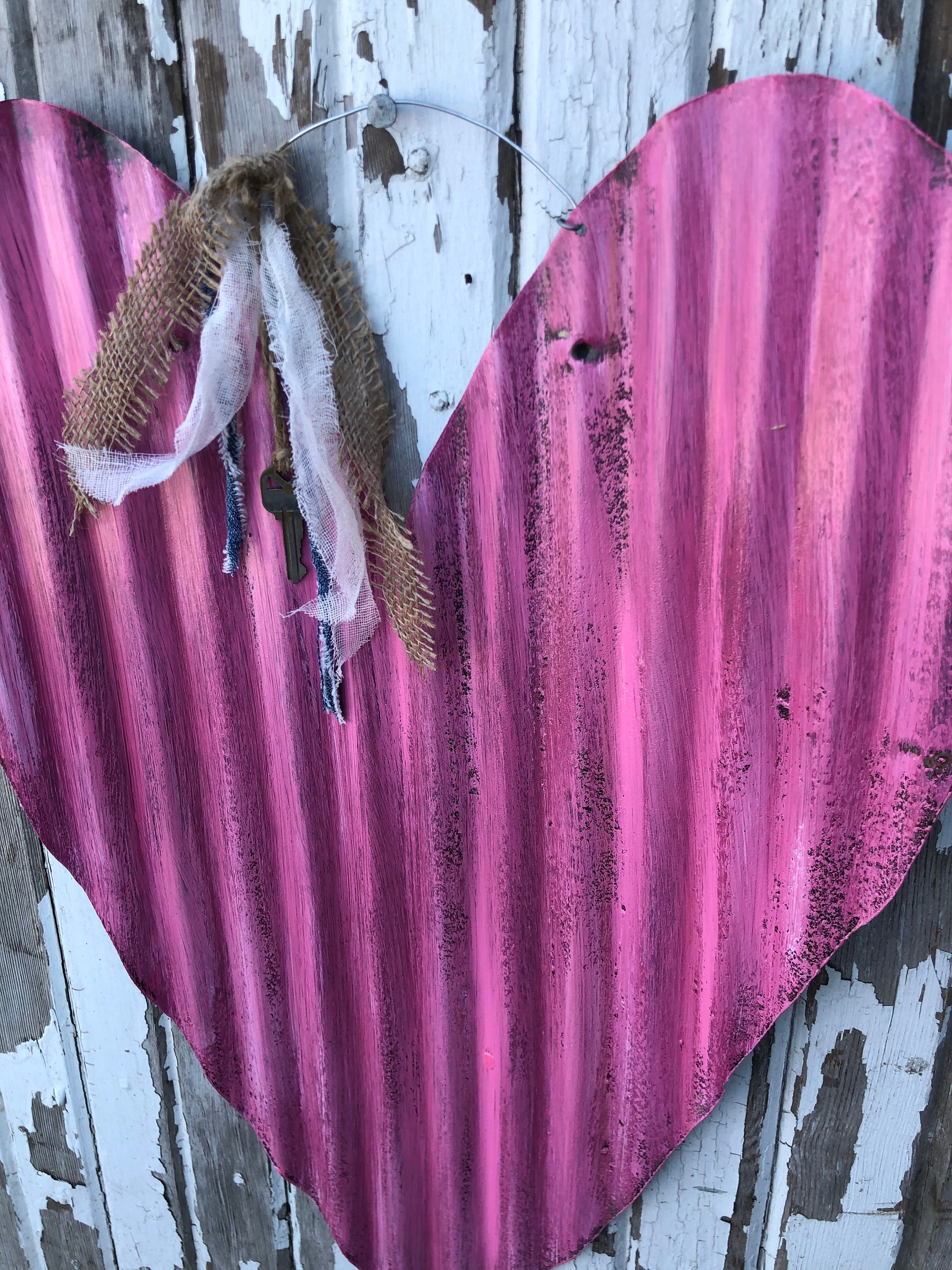 Pink Handmade Corrugated Tin Heart / Shabby Tin Heart / Corrugated Tin ...