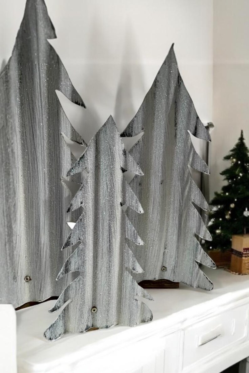 White Corrugated Tin Trees / Freestanding Christmas Trees / Set of 3 ...