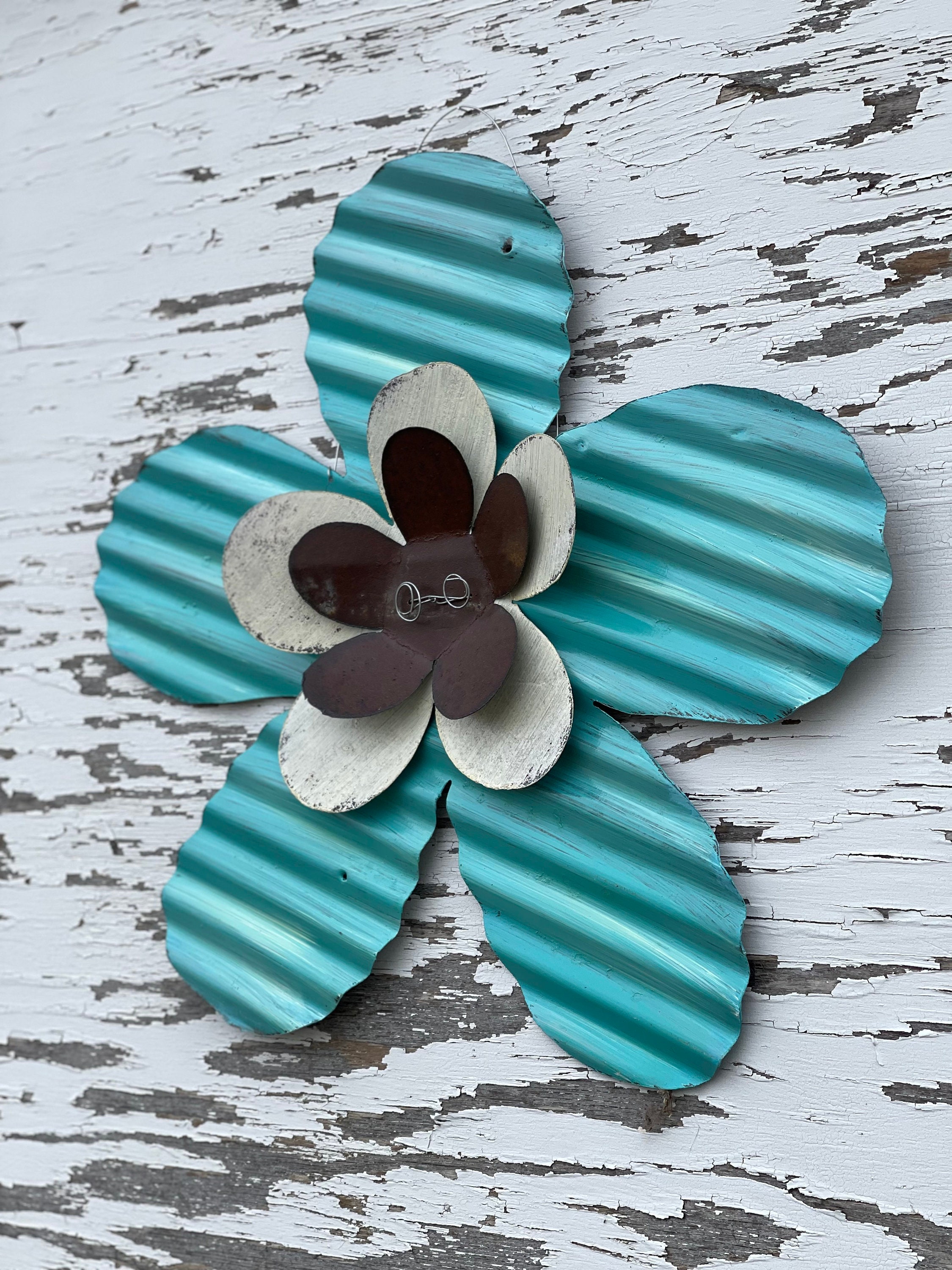 Large Turquoise Corrugated Tin Flower / Metal Flower Decor / Handmade ...