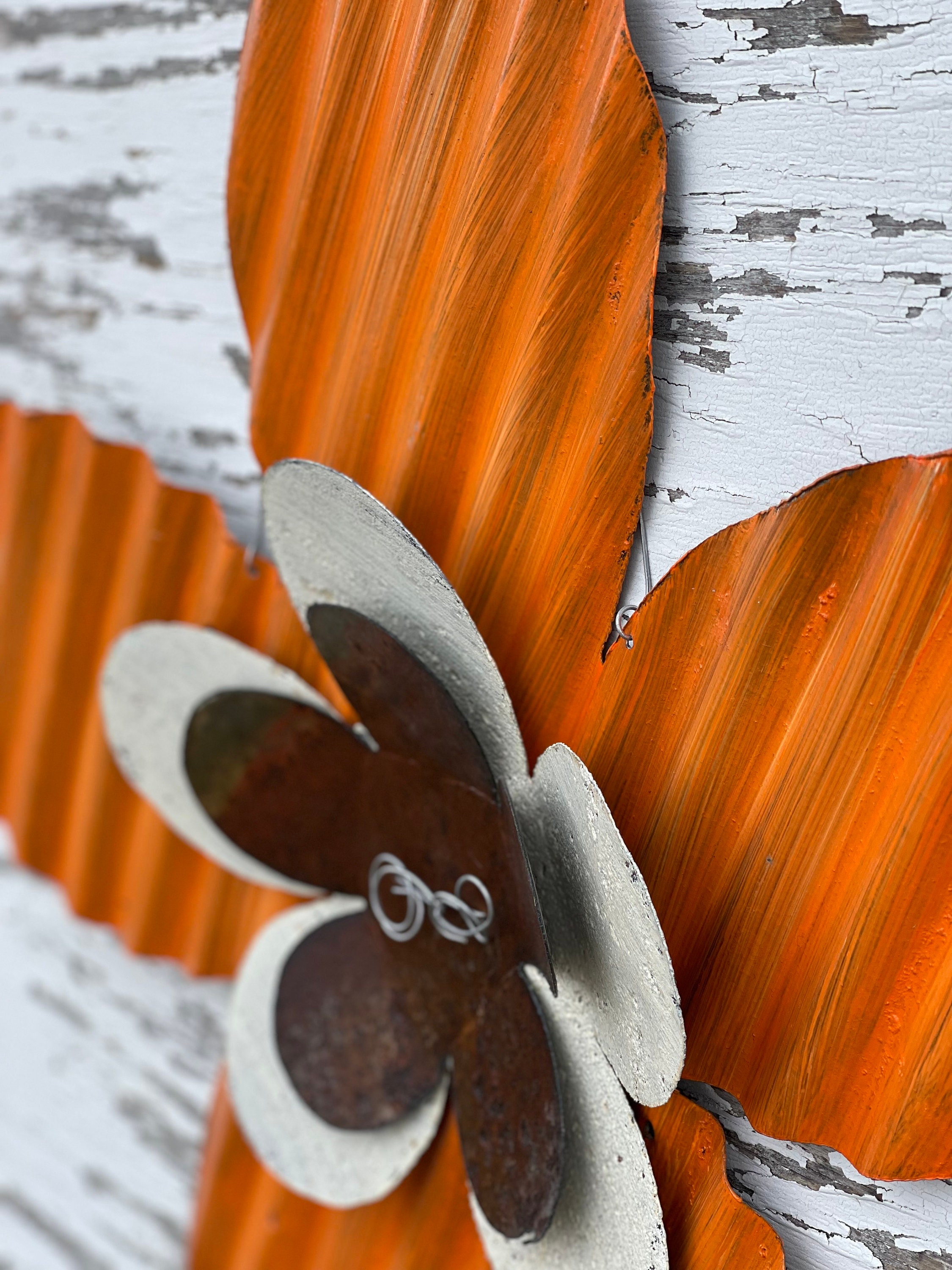 Large Orange Corrugated Tin Flower / Metal Flower Decor / Handmade ...