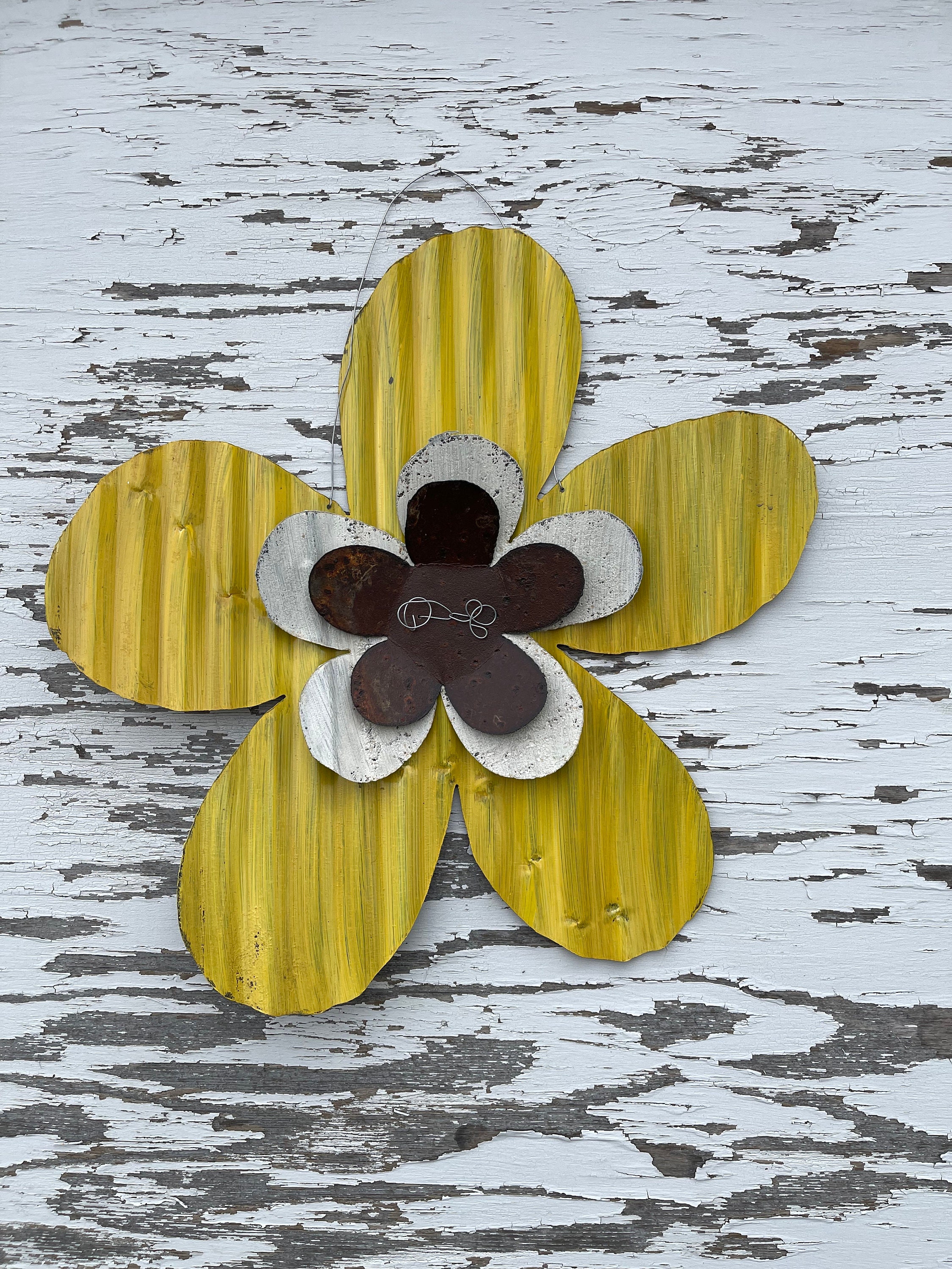 Large Yellow Corrugated Tin Flower / Metal Flower Decor / Handmade ...