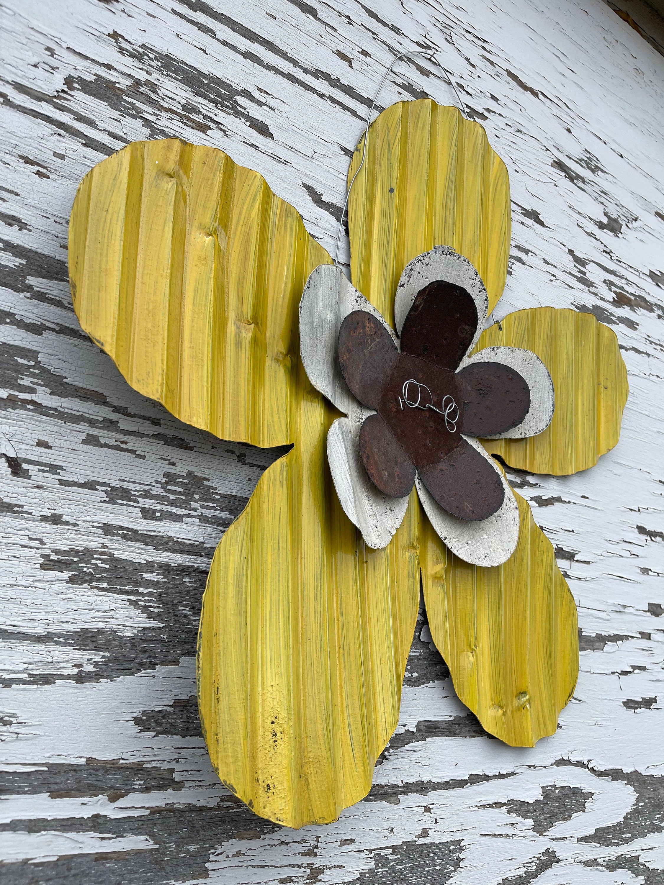 Large Yellow Corrugated Tin Flower / Metal Flower Decor / Handmade ...