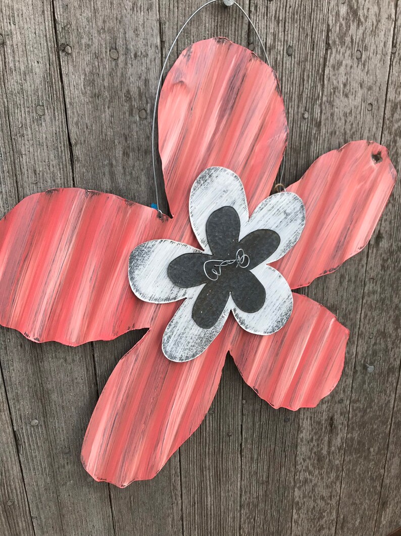 Coral Corrugated Tin Flower / Rustic Tin Flower / Tin Garden - Etsy