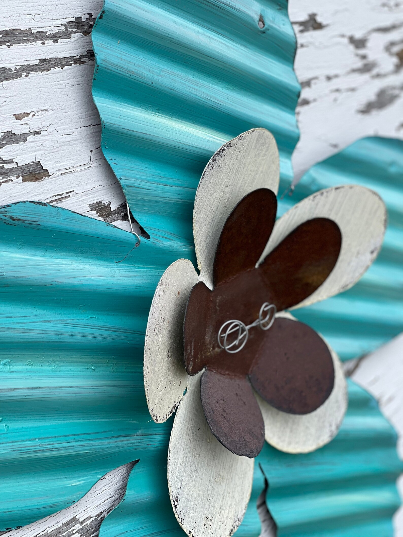 Large Turquoise Corrugated Tin Flower / Metal Flower Decor / Handmade ...