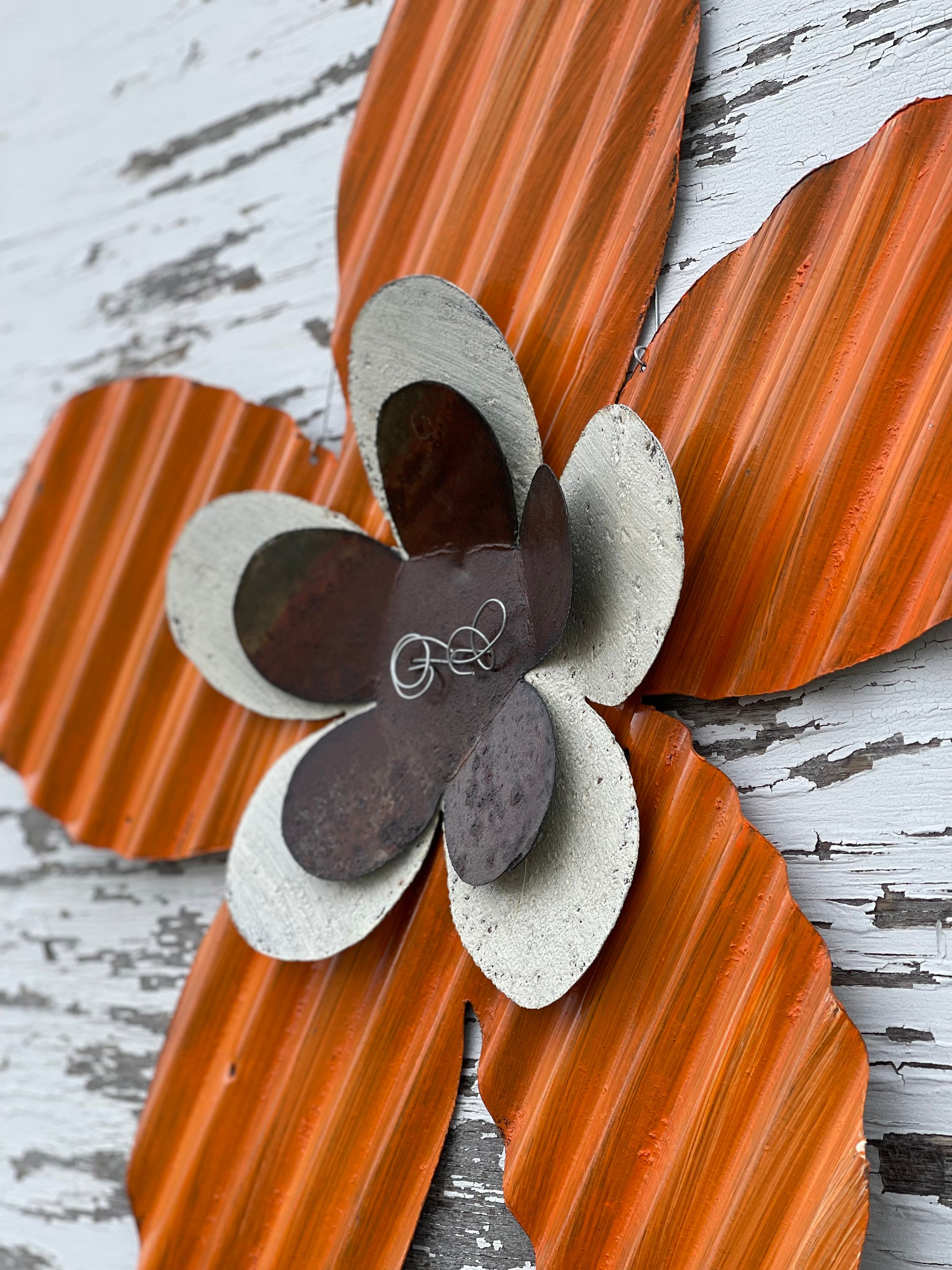 Large Orange Corrugated Tin Flower / Metal Flower Decor / Handmade ...