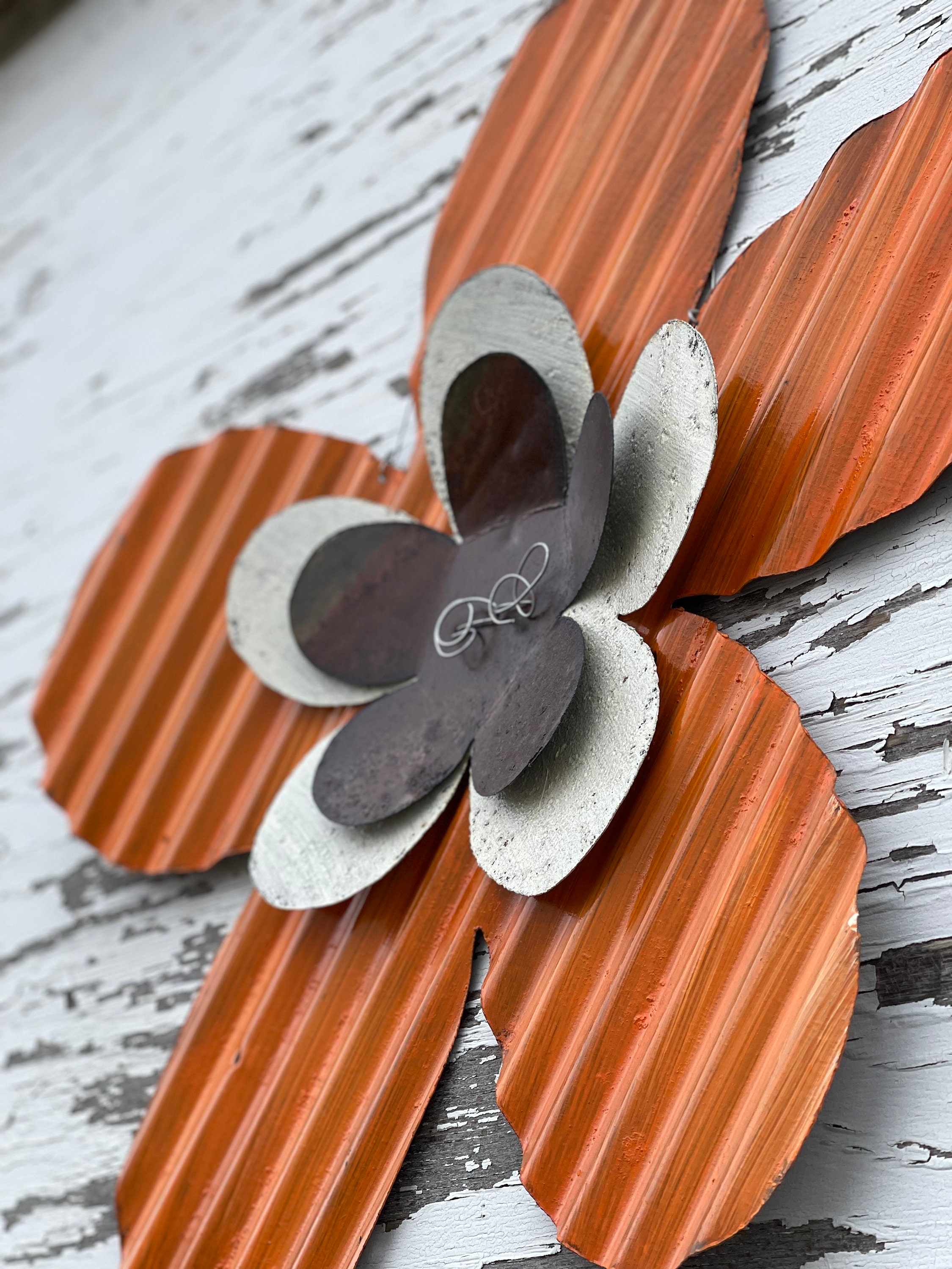Large Orange Corrugated Tin Flower / Metal Flower Decor / Handmade ...