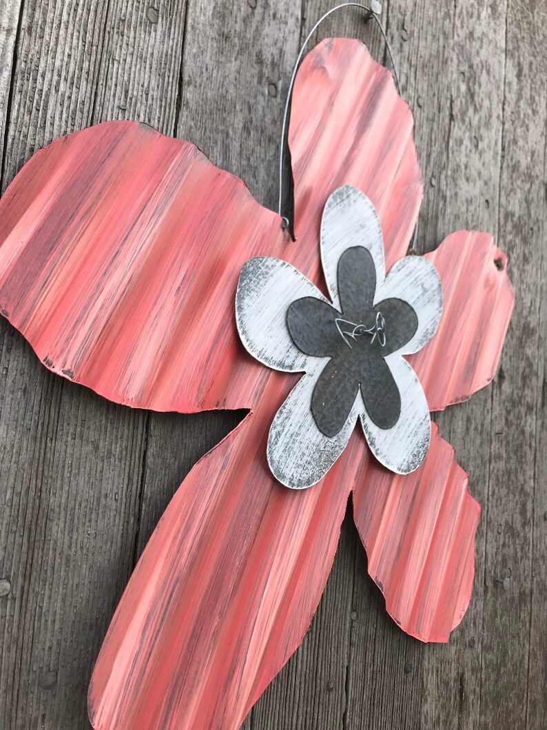 Coral Corrugated Tin Flower / Rustic Tin Flower / Tin Garden - Etsy