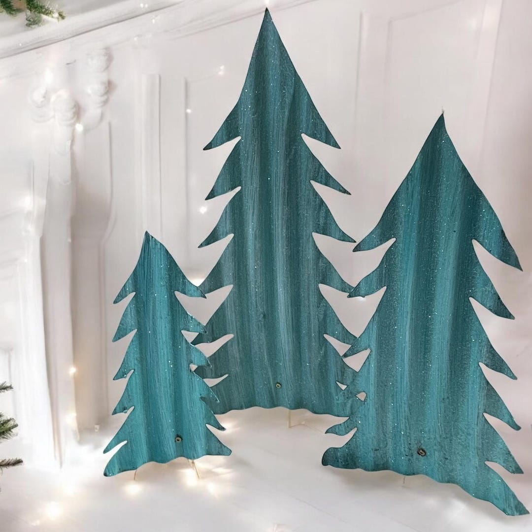 Turquoise Corrugated Tin Trees / Freestanding Christmas Trees / Set of ...
