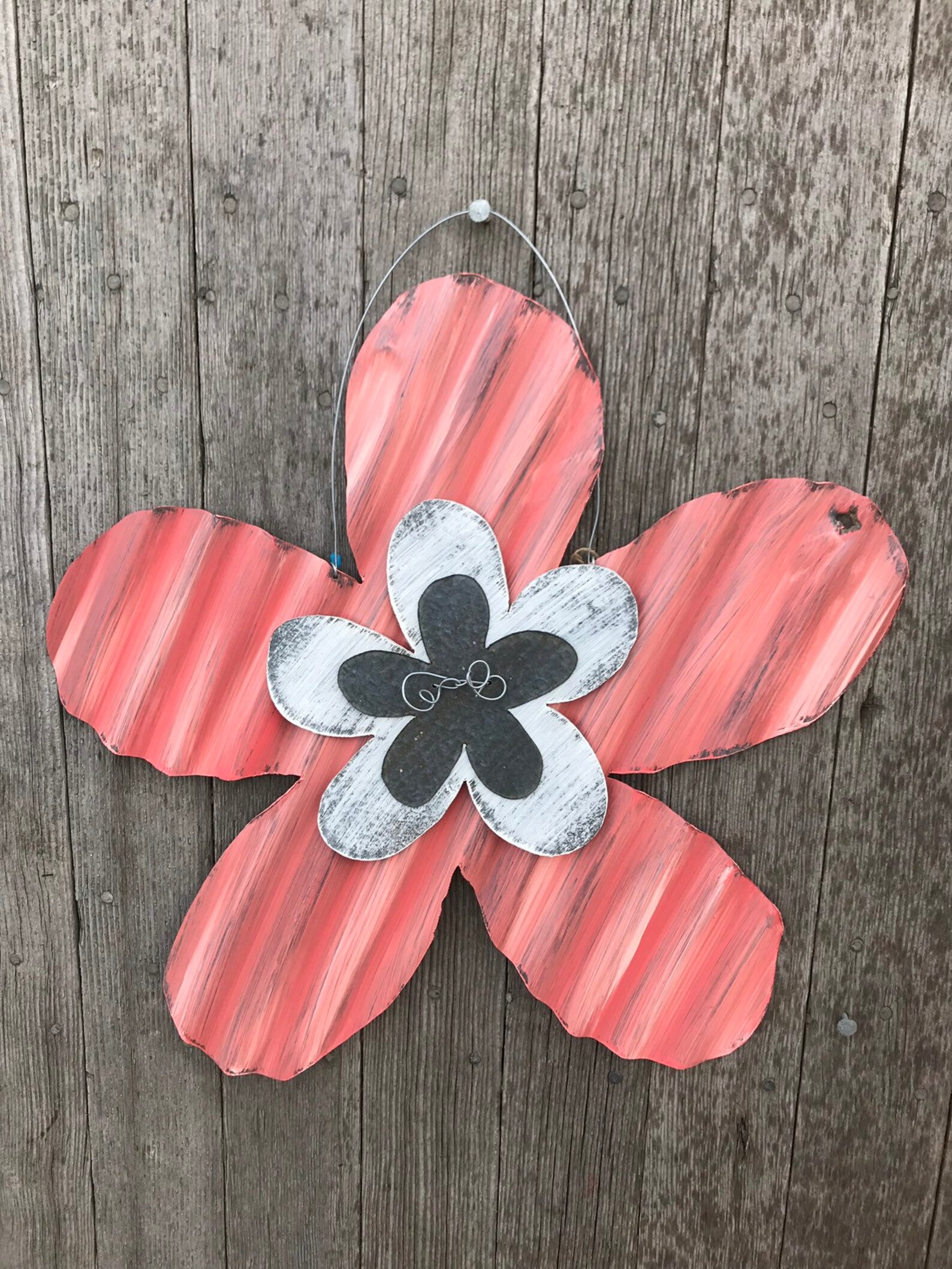 Coral Corrugated Tin Flower / Rustic Tin Flower / Tin Garden - Etsy