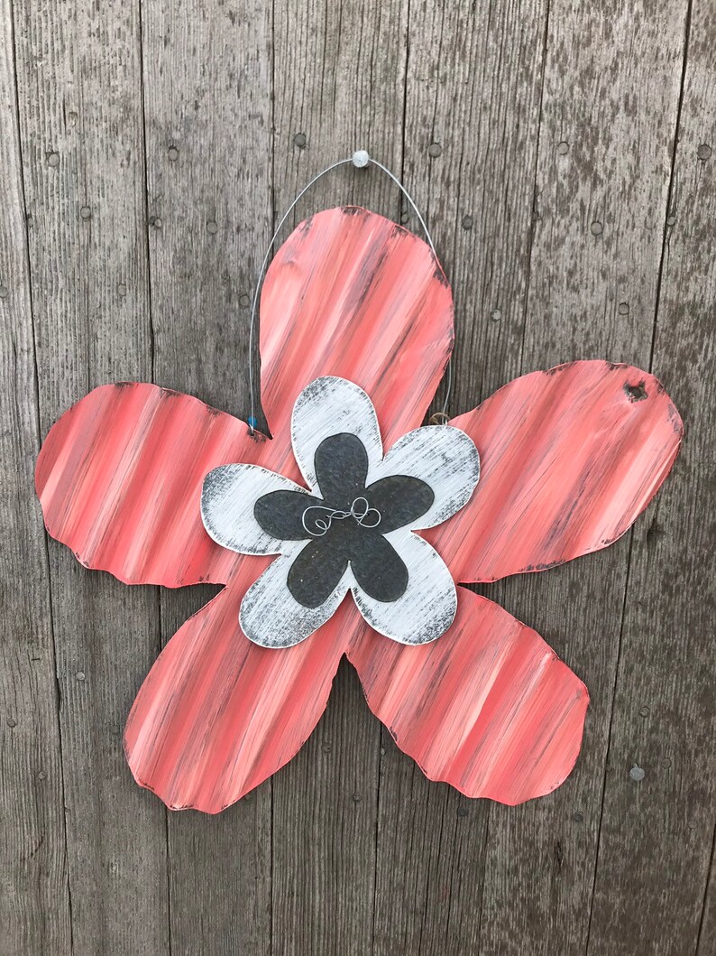 Coral Corrugated Tin Flower / Rustic Tin Flower / Tin Garden - Etsy