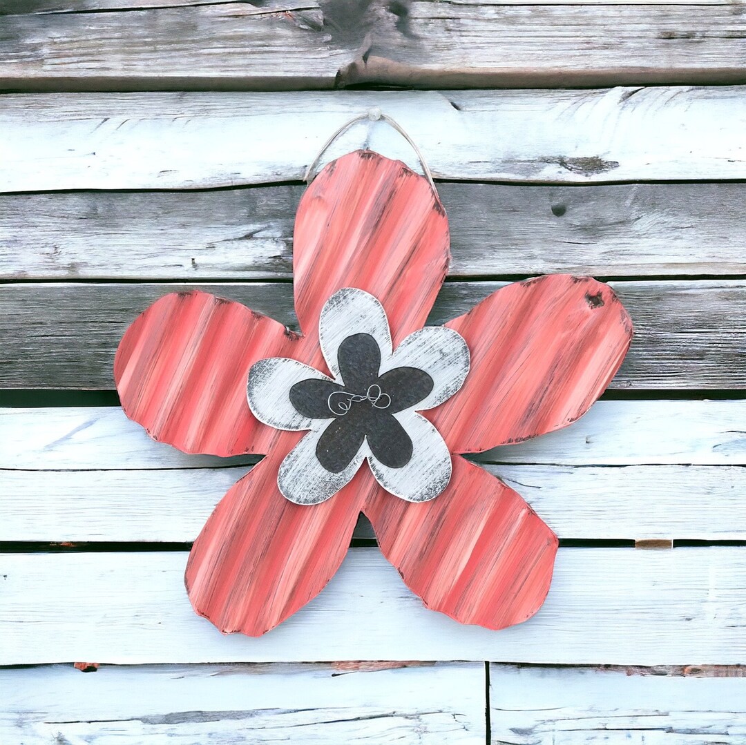 Coral Corrugated Tin Flower / Rustic Tin Flower / Tin Garden Decor ...