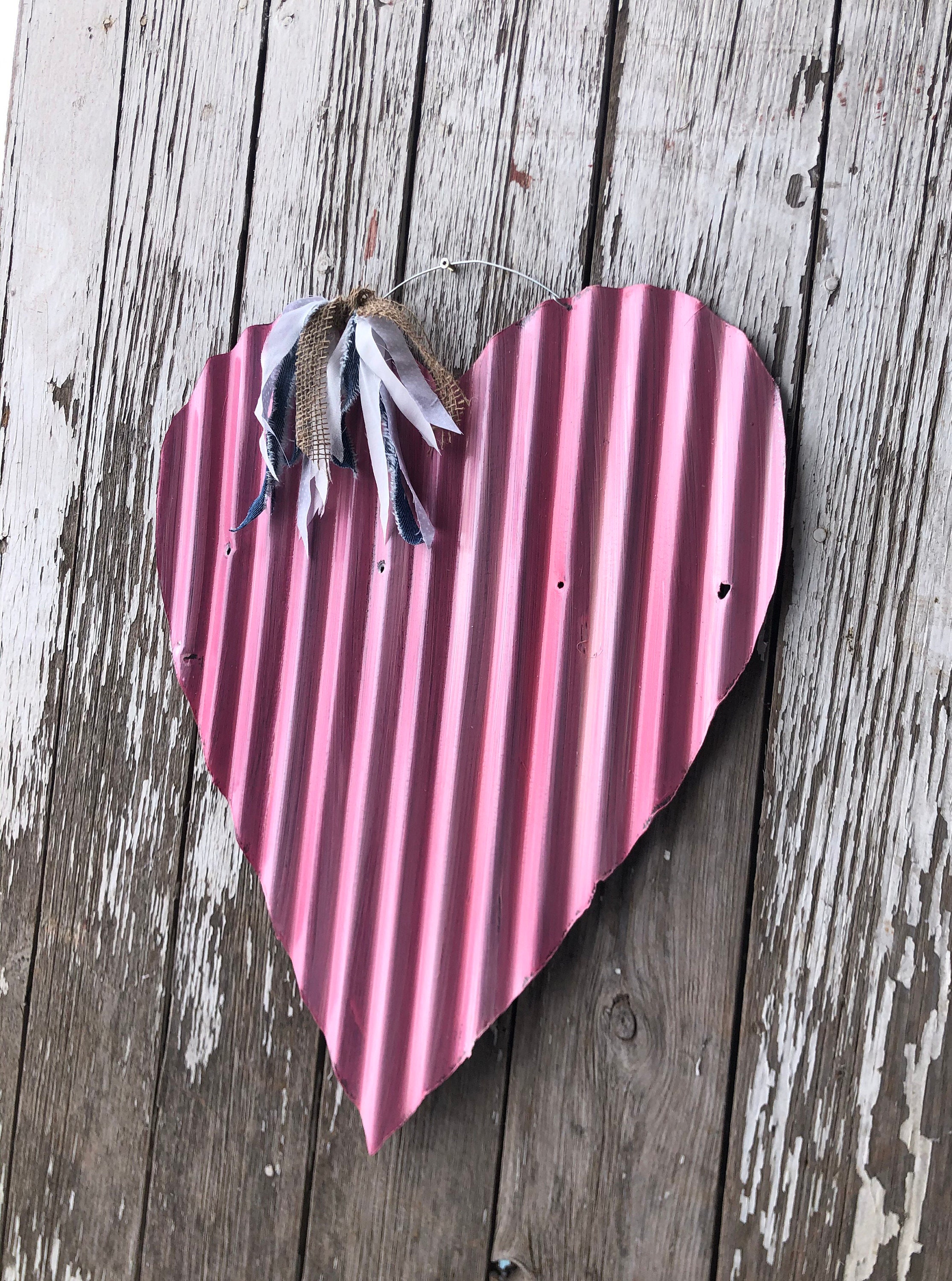 Corrugated Tin Pink Heart / Rustic Corrugated Tin Heart / - Etsy