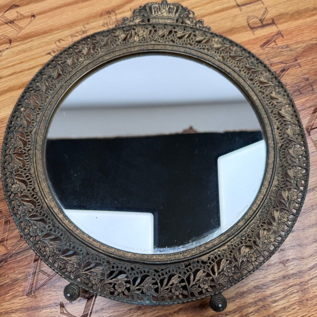 Vintage Vanity Mirror Filagree Gold Round Art Nouveau Table Top Boudoir ...