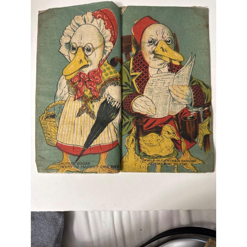 Antique 1910 Mother Goose & Gander Fabric Muslin Cloth Book Saalfield ...