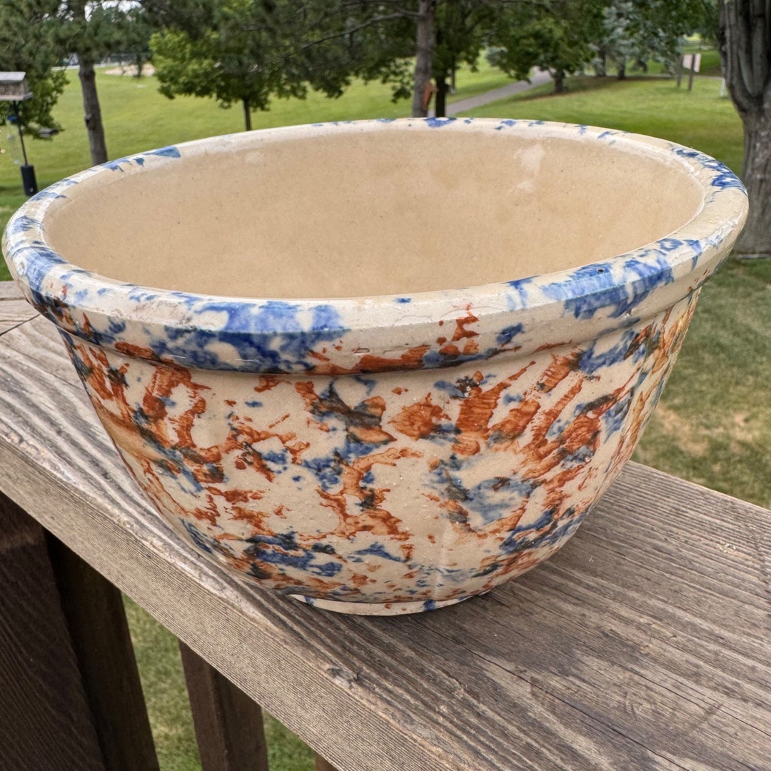 Vintage Paneled Stoneware Spongeware Mixing Bowl Blue Orange Glaze ...