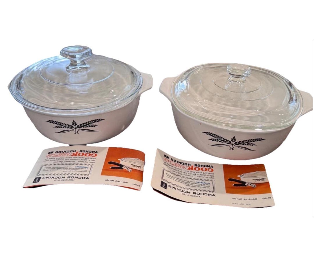 2 Vintage Anchor Hocking Glass Cookware Set Black Wheat Design W/ Lids ...