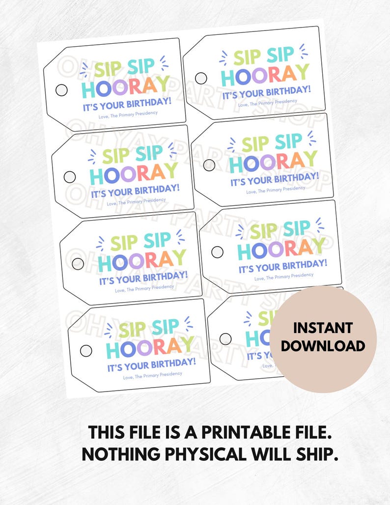 Sip Sip Hooray Printable Birthday Gift Tags for Primary - Instant ...