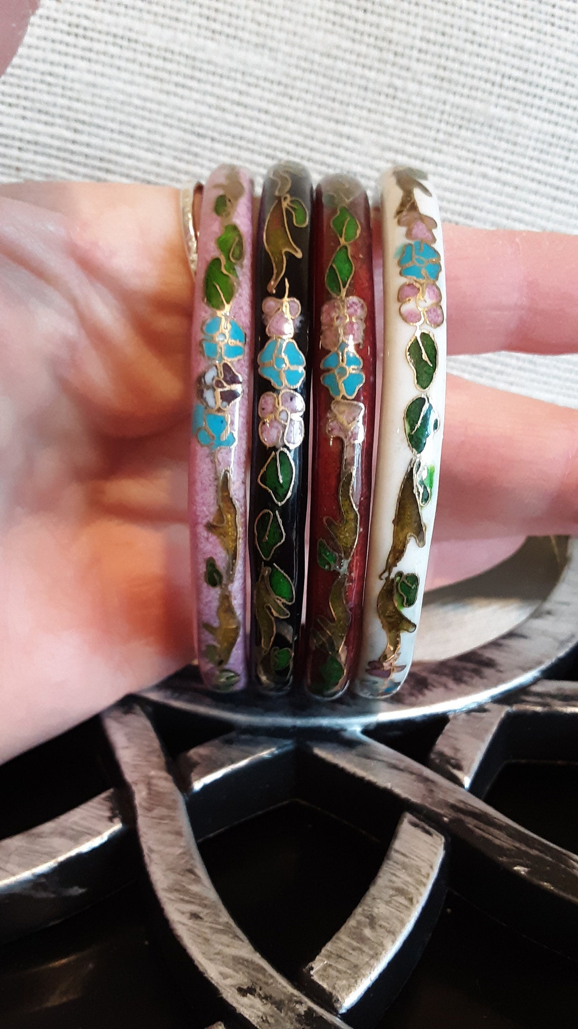 Vintage Cloisonne Multi Color Floral Enamel With Gold Inlay Bangle ...