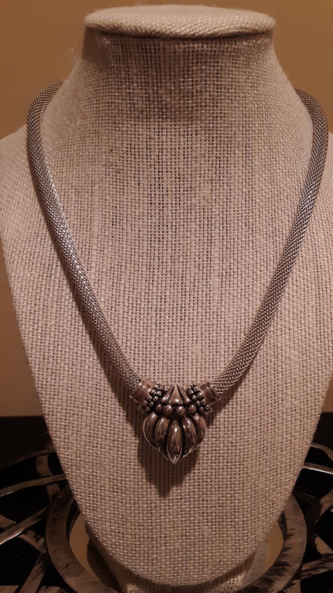 ESPO SIG. Chunky Vintage Mesh Chain Necklace Puffy Heart Pendant 925 Sterling Silver 18” 49 ...