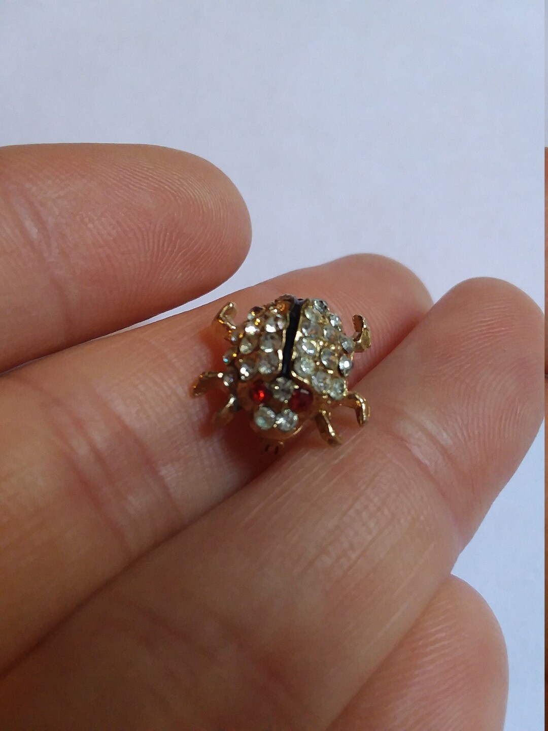 Vintage Lady Bug Brooch Pin Gold Tone Metal Red and Clear Glass ...