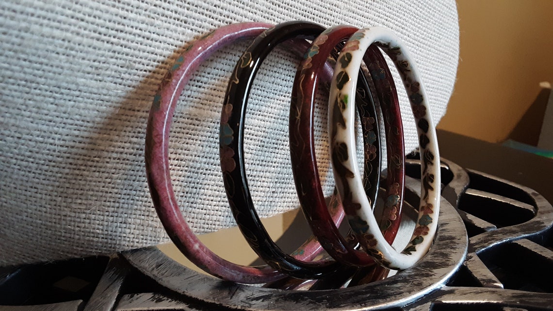 Vintage Cloisonne Multi Color Floral Enamel With Gold Inlay Bangle ...