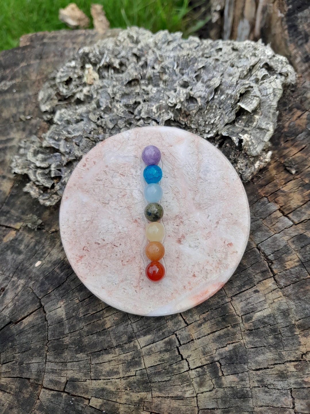 Pink Marble Round Tile and Natural Stone Beads Chakra Spiritual ...