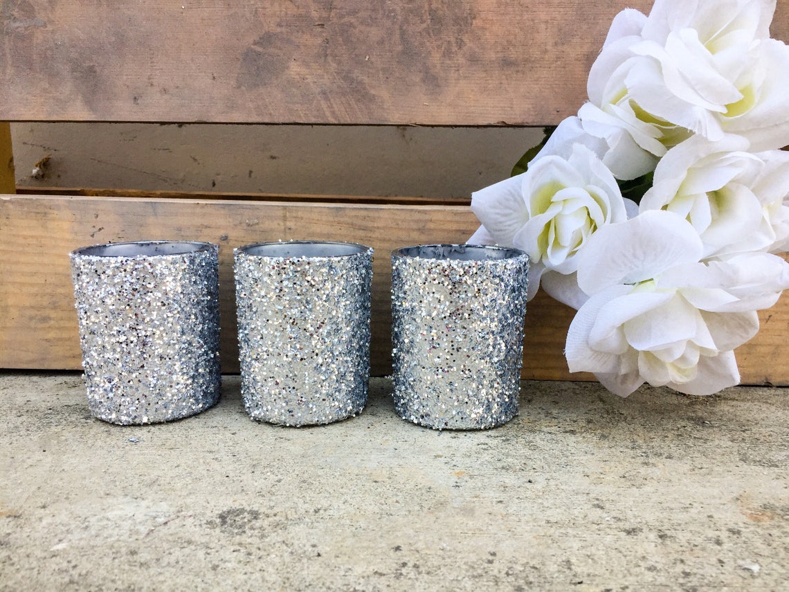 SALE! SET OF 10 Silver Glitter Candle Votives. Silver Candle Holder ...