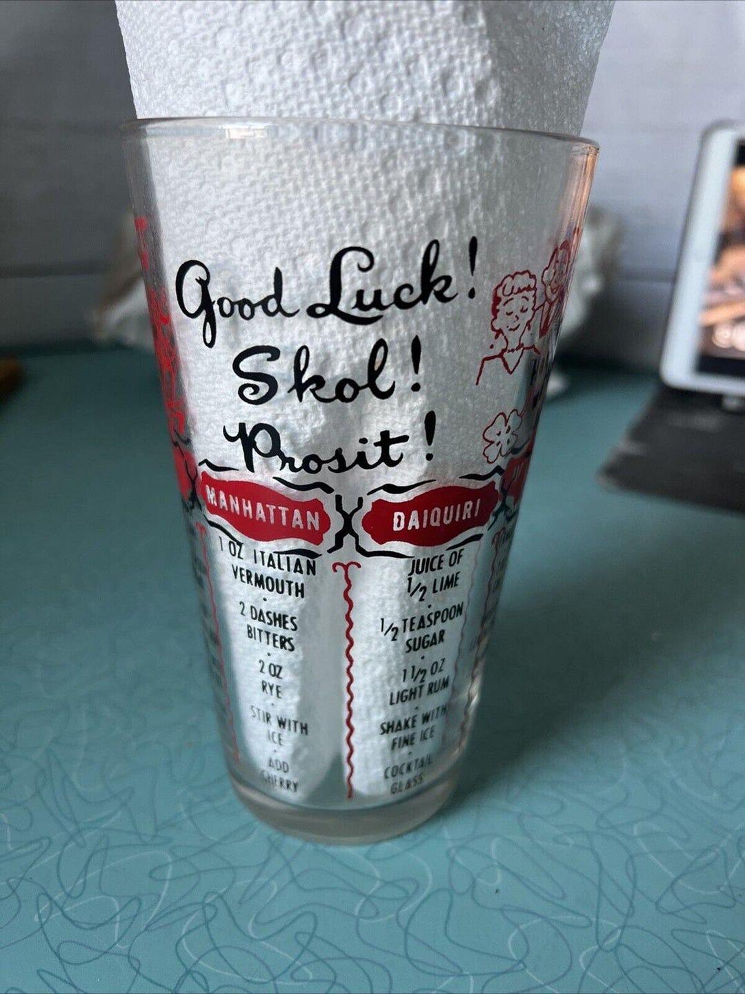 VTG MCM Cocktail Drink Mixing Recipe Federal Glass Barware Good Luck ...