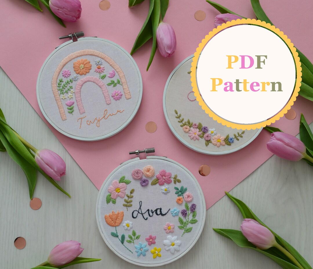 Floral Embroidery Pattern Bundle • Nursery Name Sign • Embroidery ...