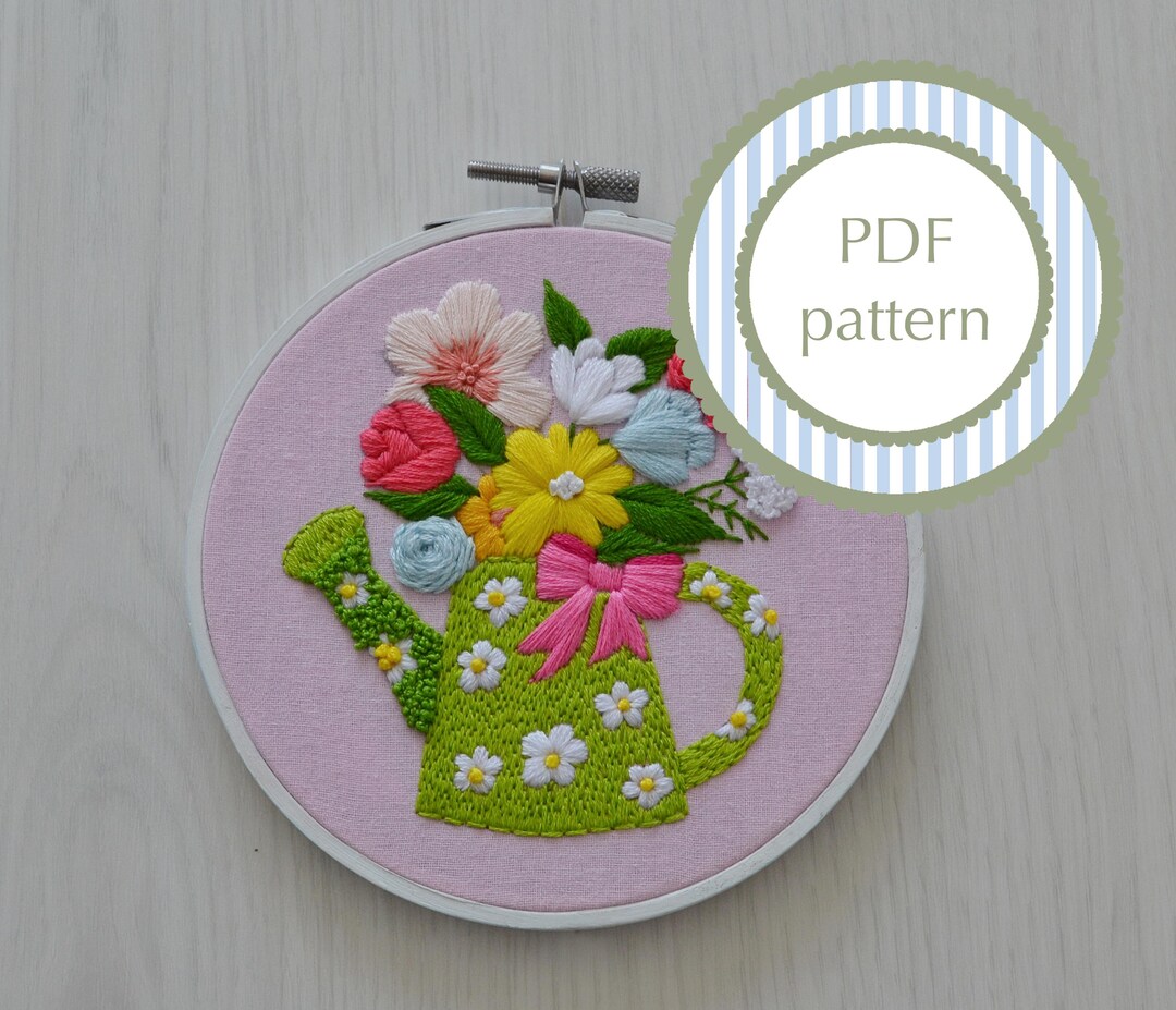 Watering Can Bouquet Embroidery Pattern: Floral DIY Guide (PDF Pattern ...
