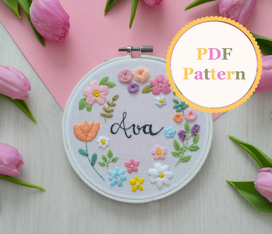 Floral Name Embroidery Pattern: DIY Wreath Design (PDF Pattern) - Etsy