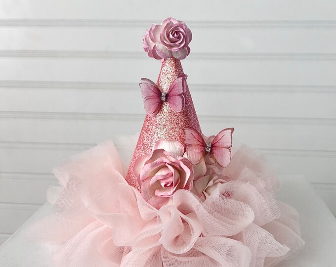 Blush and Pink Butterfly Party Hat, Glitter Party Hat, Flower Party Hat ...