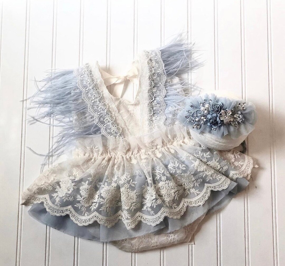 Blue and Ivory Romper, Lace Romper, Lace Dress, Blue Dress, Feather ...