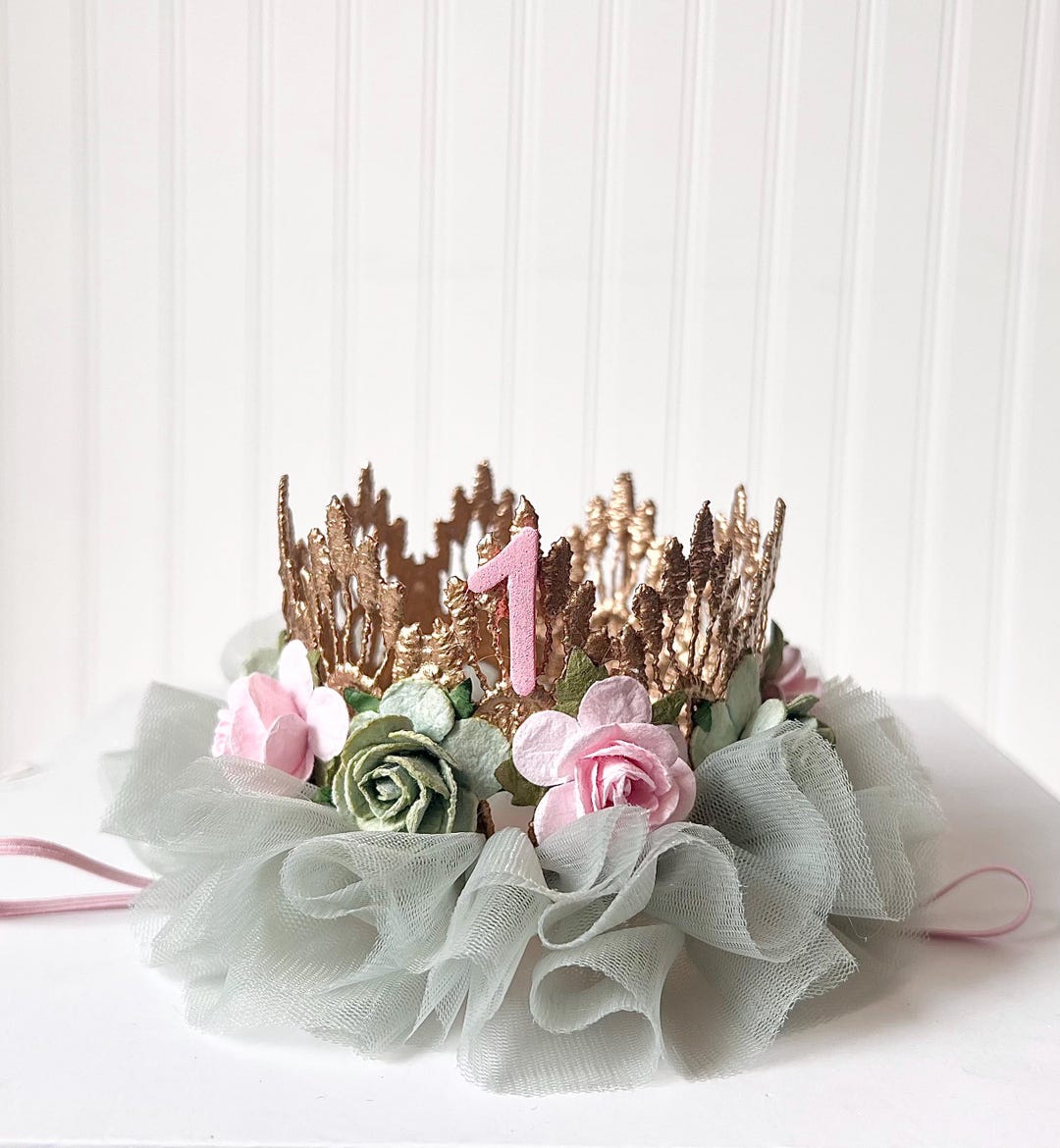 Gold Crown With Light Green and Light Pink Flowers, First Birthday ...