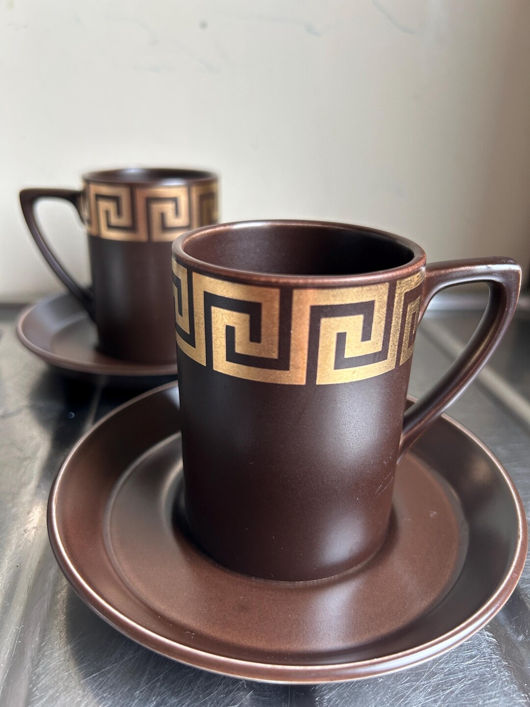 Portmeirion Greek Key - 2x Coffee Cups and Saucers Matt Brown and Gold ...
