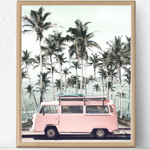Beach Print Pink Combi Van Retro VW Camper Boho Decor - Etsy