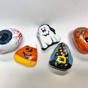 HALLOWEEN PAINTED ROCK 5 Piece Set/ Ghosts/ Pumpkins/ Witches Hats ...