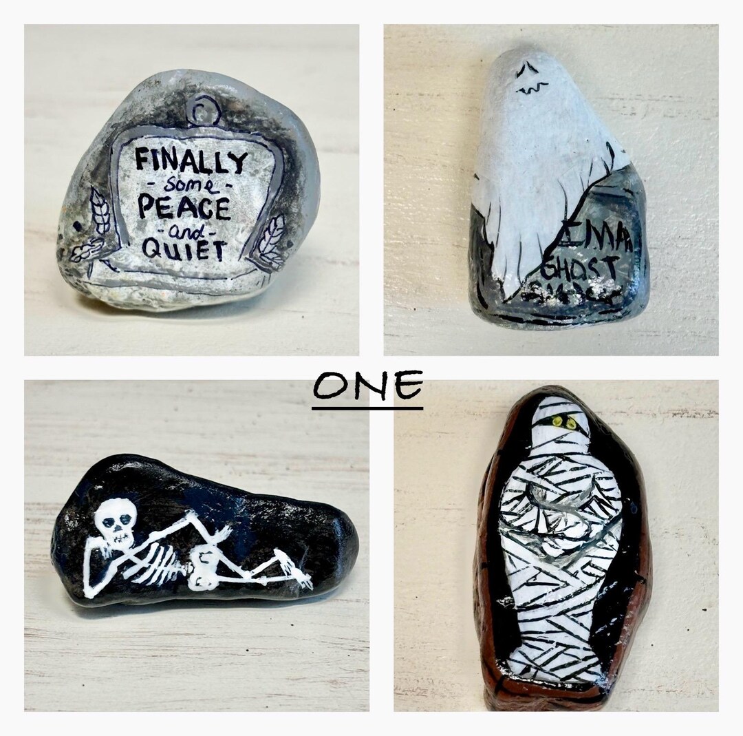 Painted Rocks for Halloween, Cemetery, Skeleton, Mummy, Tombstones, Set ...