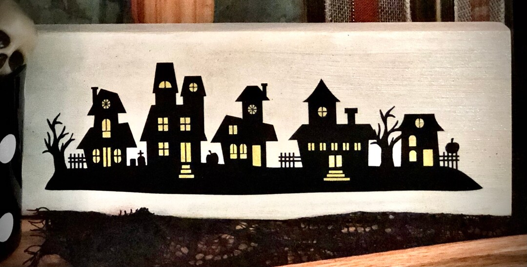Haunted Houses, Wood Block, Halloween, 9” Wide - Etsy