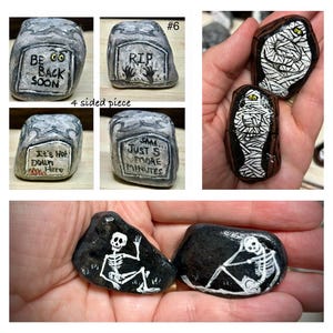 Painted Rocks for Halloween, Cemetery, Skeleton, Mummy, Tombstones, Set ...