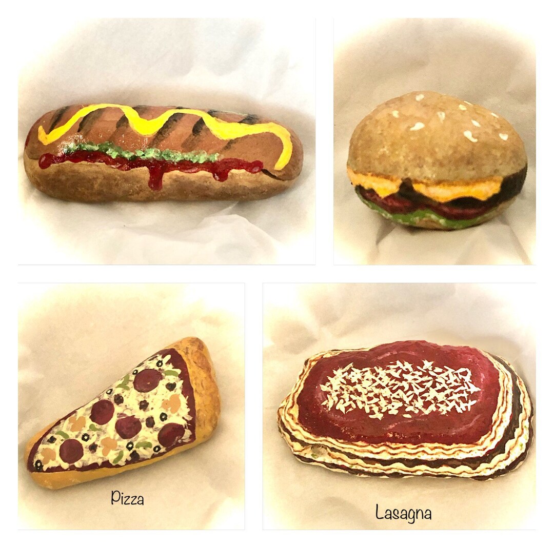 Painted Rocks, Faux Food, Hamburger, Hotdog, Pizza, Lasagna, Bread ...