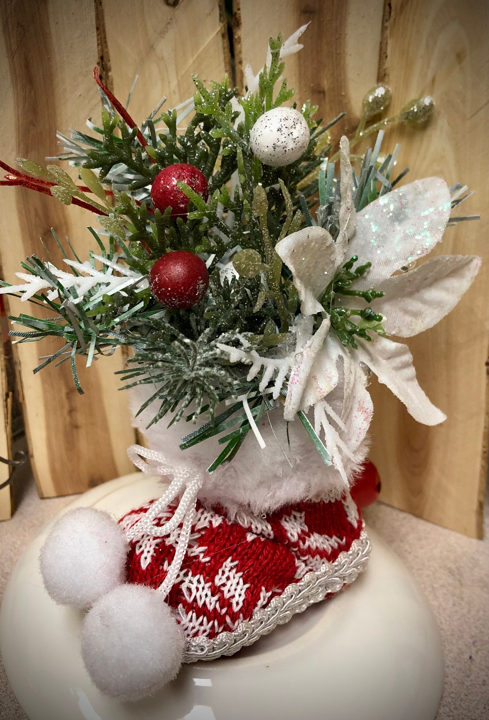 Mini Christmas Floral, Little Snow Boot, Bootie, White Poinsettia, Knit ...